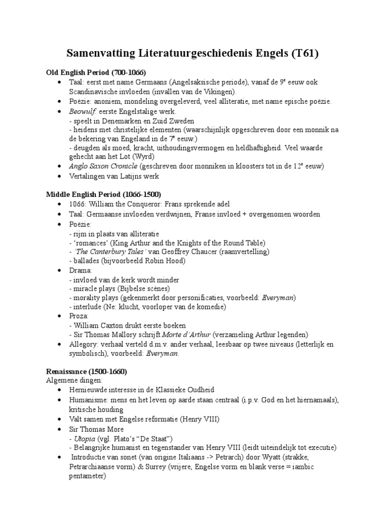 Samenvatting Literatuurgeschiedenis Engels | PDF