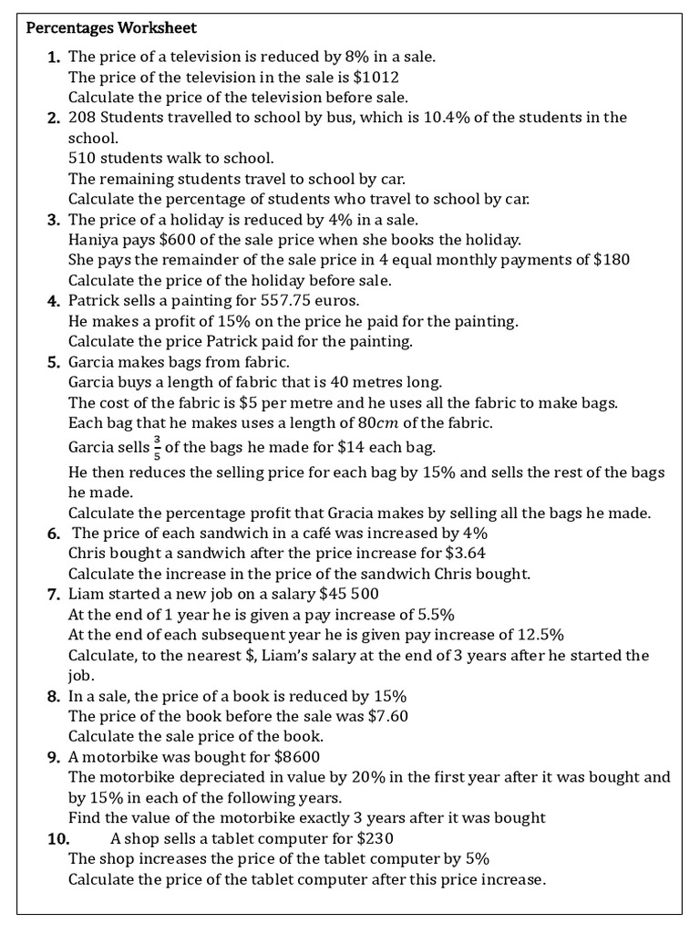 Percentages Calculation Worksheet | PDF | Prices