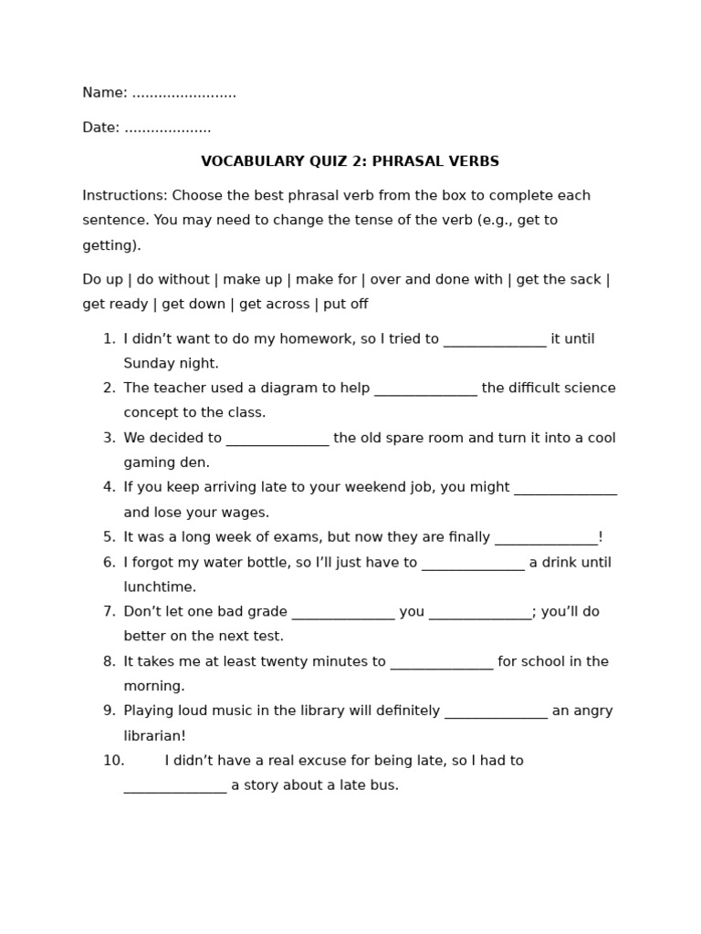Phrasal Verbs Vocabulary Quiz | PDF