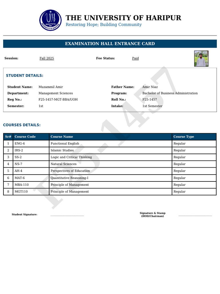 F25-1457 Fall 2025 Examination-Card | PDF