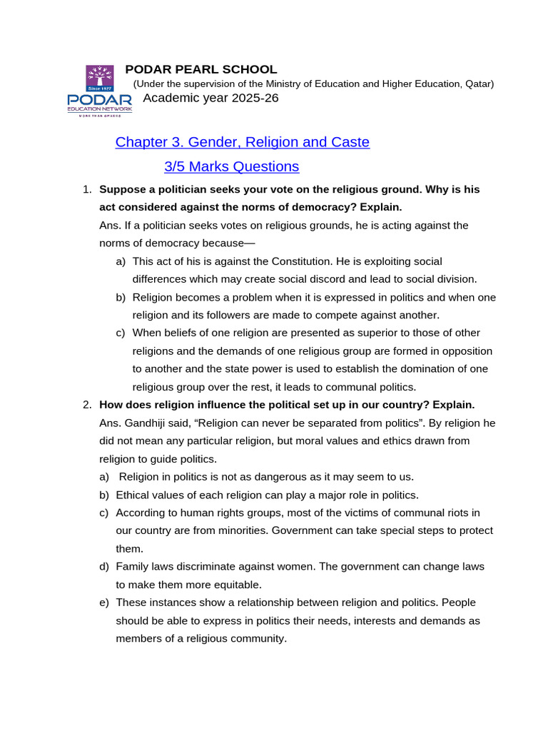 Civics-Ch 3 Notes - Gender, Religion & Caste | PDF | Caste | Dalit
