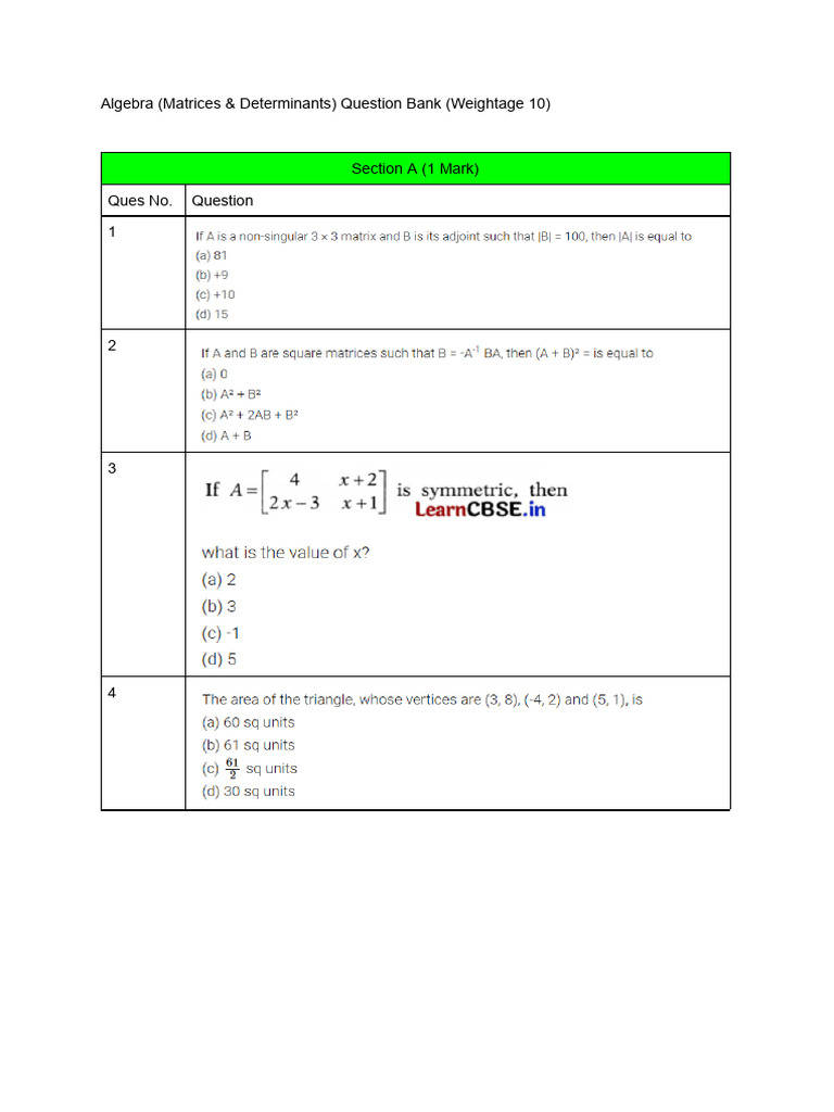 Questions (2) Algebra - Matrices and Determinants Class 12 | PDF