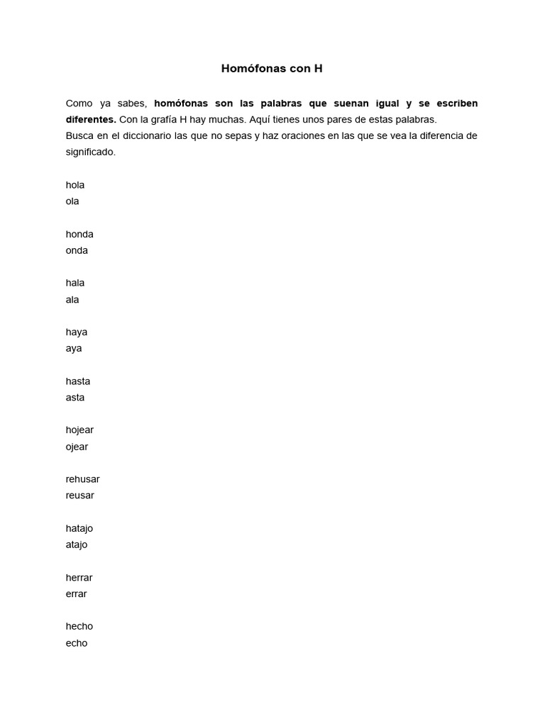 Homófonas con H: Ejemplos y Ejercicios | PDF