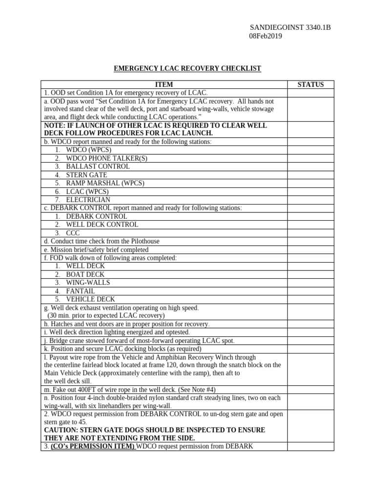 Emergency LCAC Recovery Checklist | PDF | Anchor | Rope
