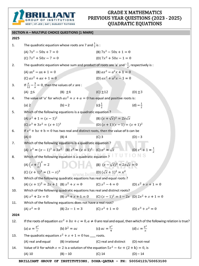 4. Quadratic Equations (Pyq-2023-25) | PDF