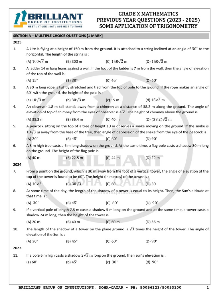 9. Some Application of Trigonometry (Pyq-2023-25) | PDF