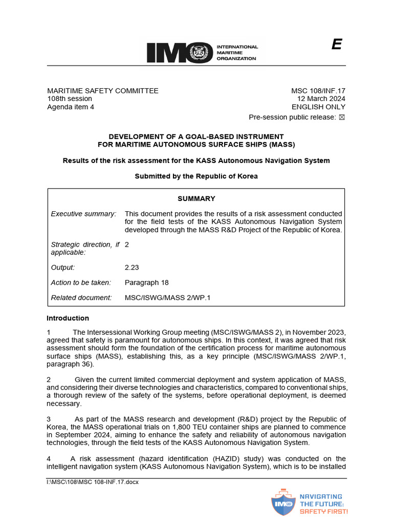 MSC 108-InF.17 - Results of the Risk Assessment for the KASS Autonomous ...