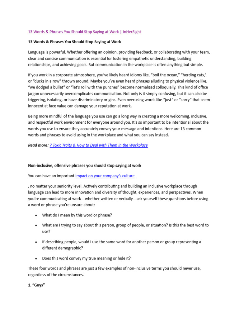 13 Words & Phrases You Should Stop Saying at Work - InHerSight | PDF ...