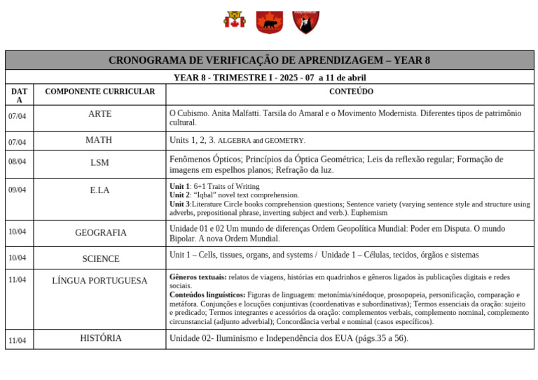 1ª CHAMADA Y8 CRONOGRAMA DE VERIFICAÇÃO 2025_TRI l | PDF