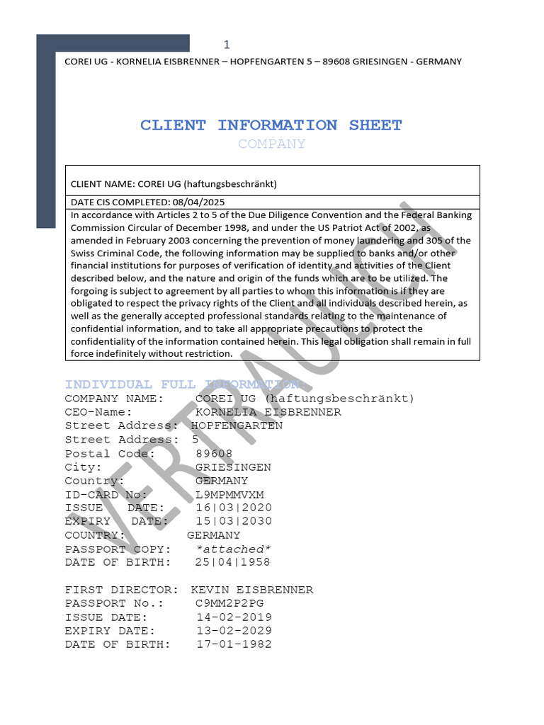 COREI UG Client Information Sheet | PDF | Government | Privacy