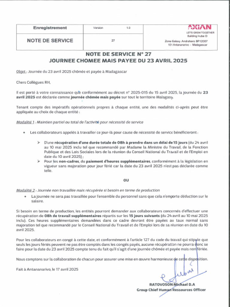 NS N°27 sur la journée chômée payée du 23 04 2025 | PDF