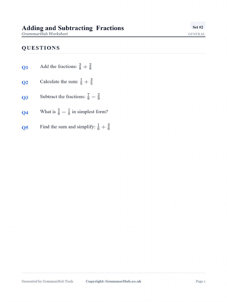 Adding and Subtracting Fractions Set2 General PDF | PDF