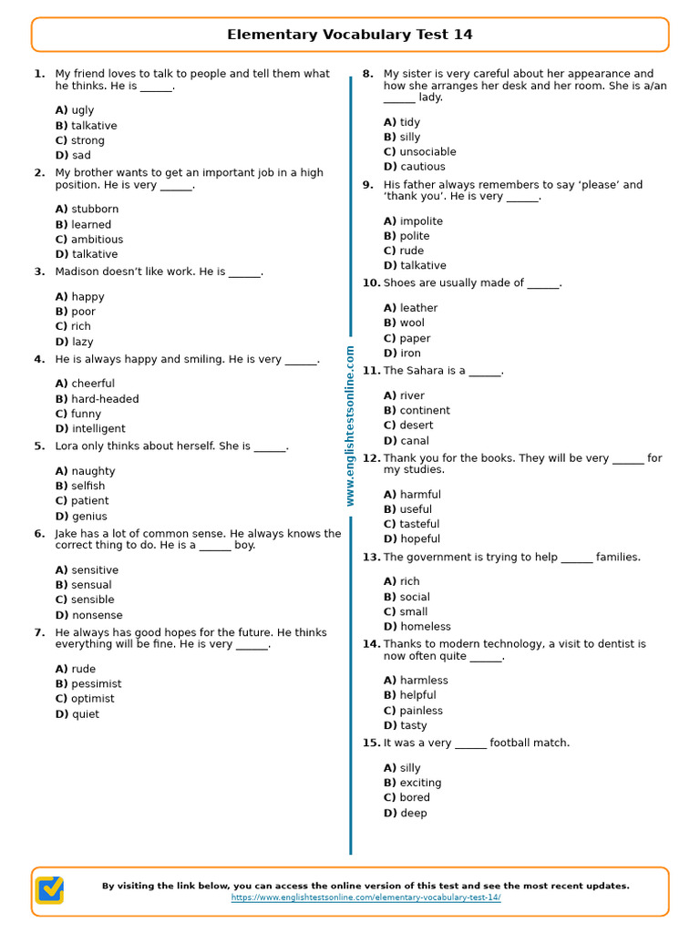 1627 Elementary Vocabulary Test 14 | PDF | Chess Theory | Chess