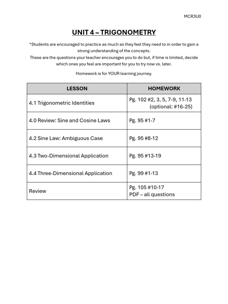 MCR3U0 Unit 4 Trigonometry Homework Guide | PDF