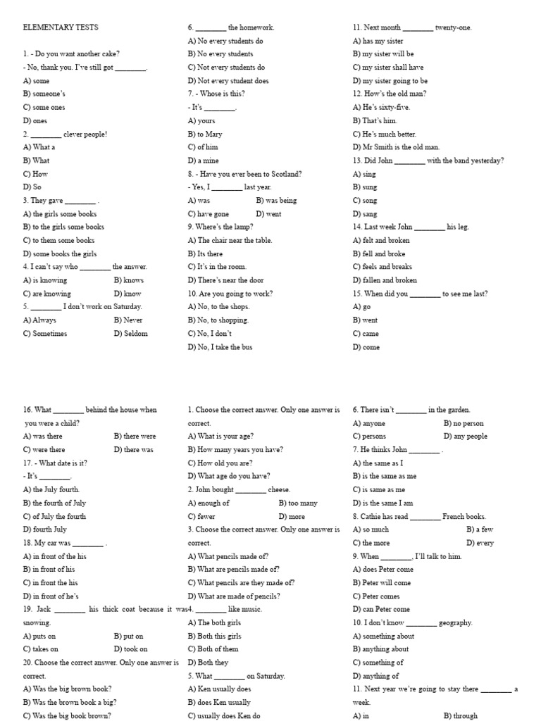 Elementary English Test Questions | PDF