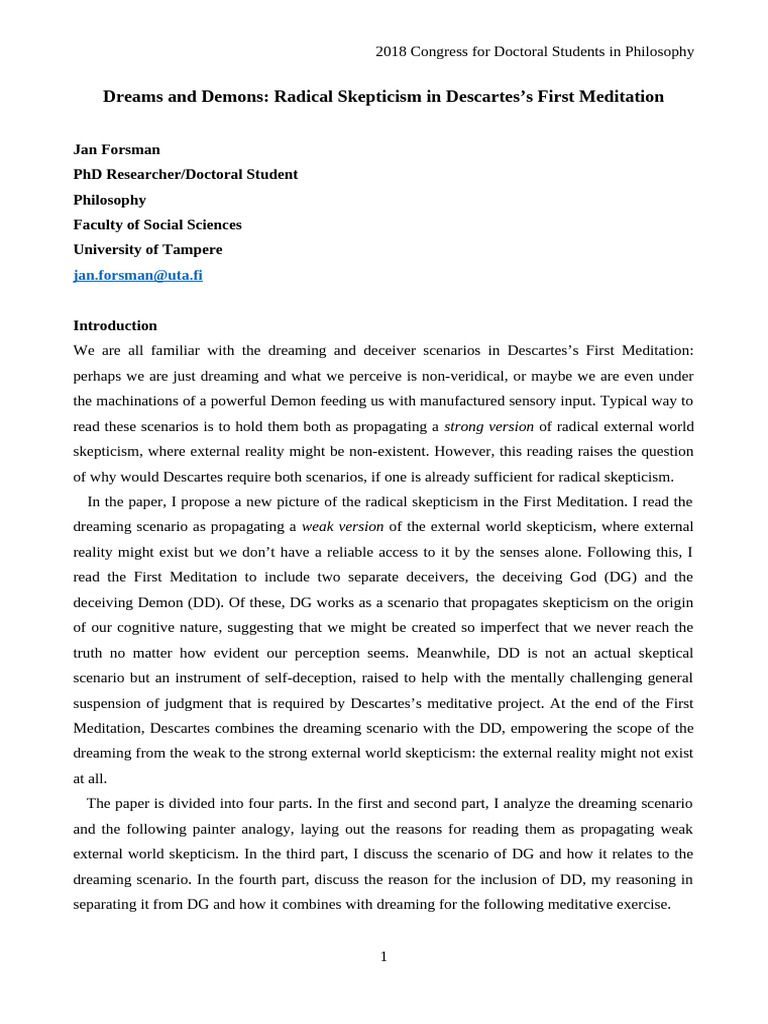 Radical Skepticism in Descartes' Meditation | PDF | René Descartes ...