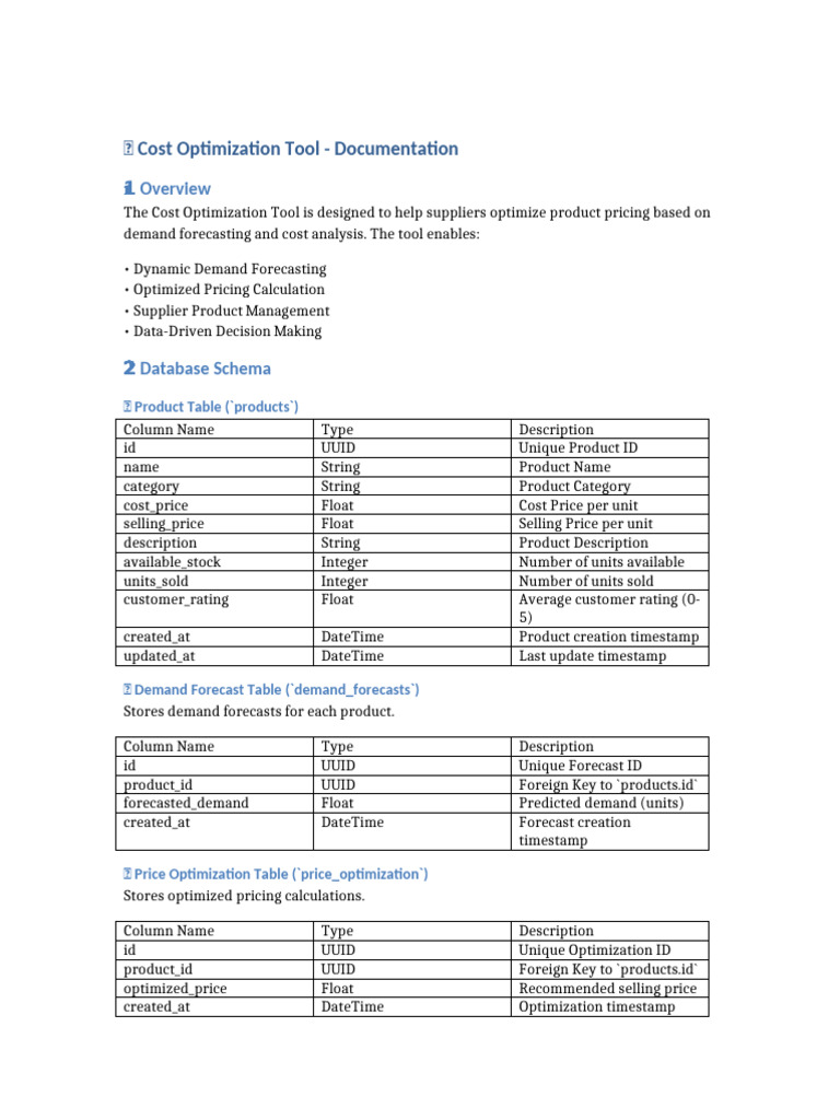 Cost Optimization Tool Documentation | PDF | Demand | Forecasting