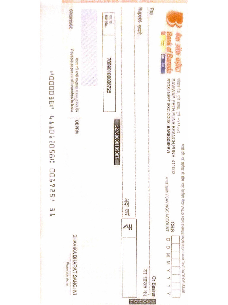 Bhavika Saving Bob Cheque | PDF