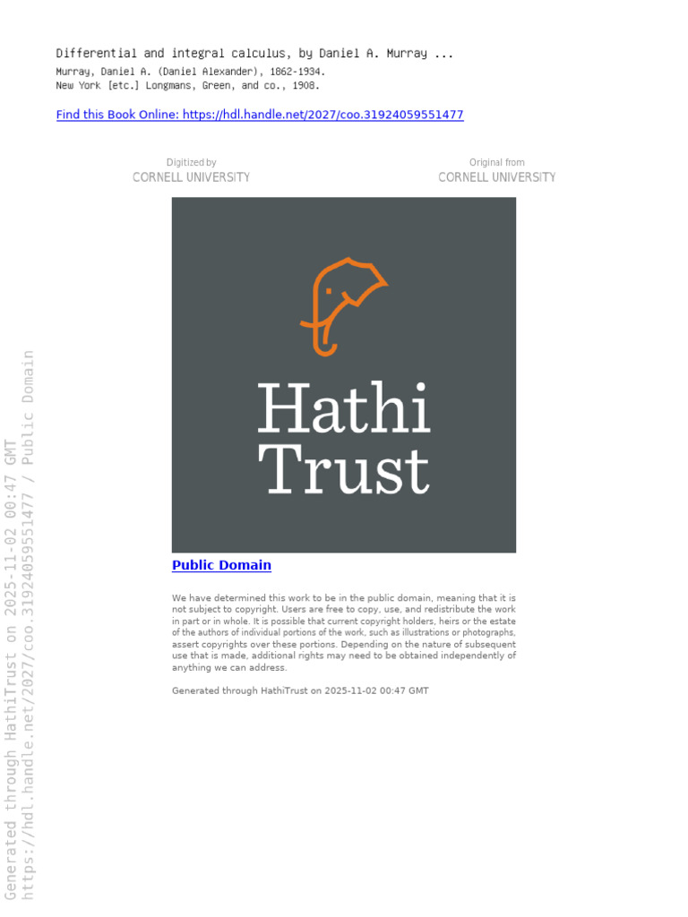 Differential and Integral Calculus, By Daniel a. Murray .. | PDF ...