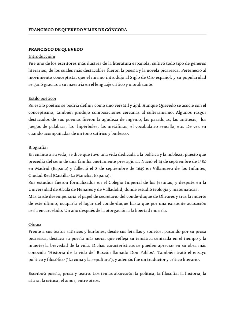 Teoria - Quevedo y Góngora | PDF | Escritura | Las artes