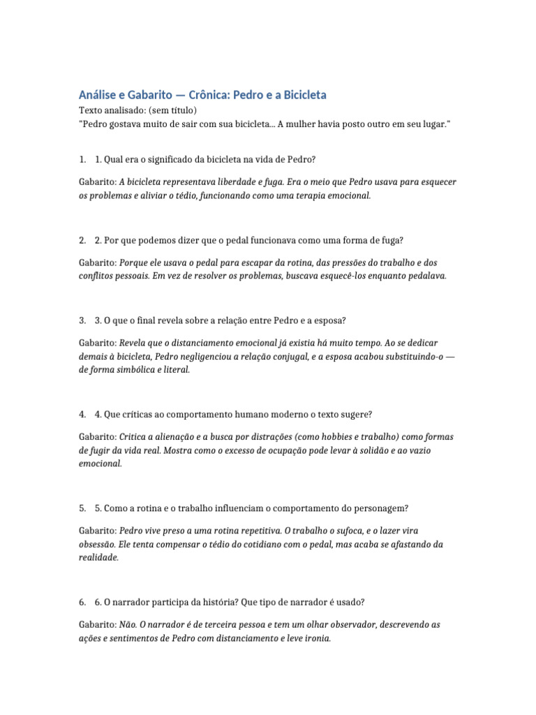 Gabarito_Cronica_Pedro_e_a_Bicicleta | PDF