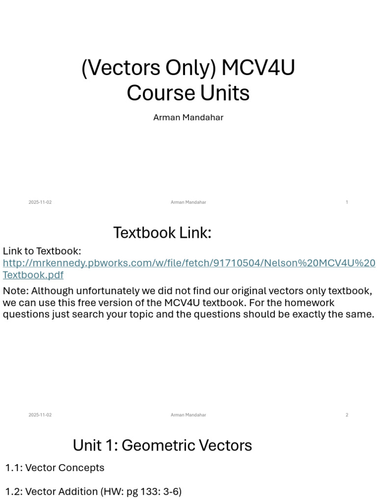 MCV4U Vectors Course Outline | PDF
