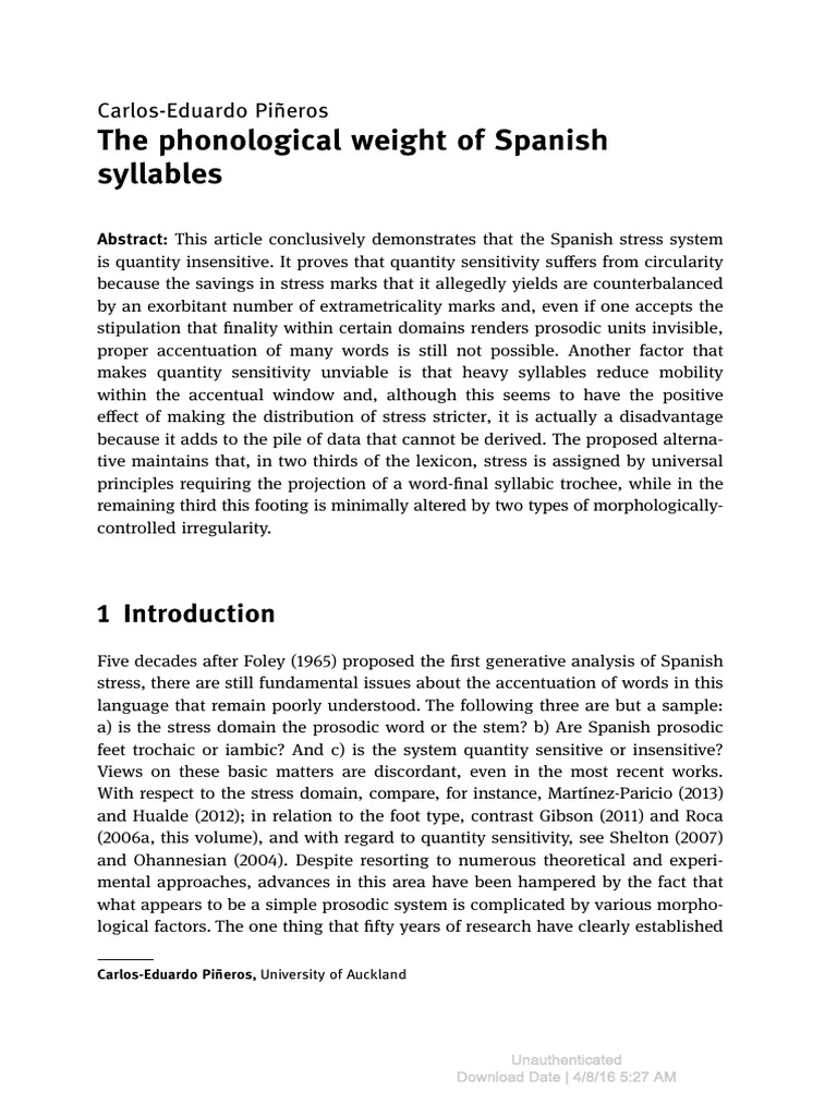 The phonological weight of spanish syllables - Piñeros | PDF | Stress ...