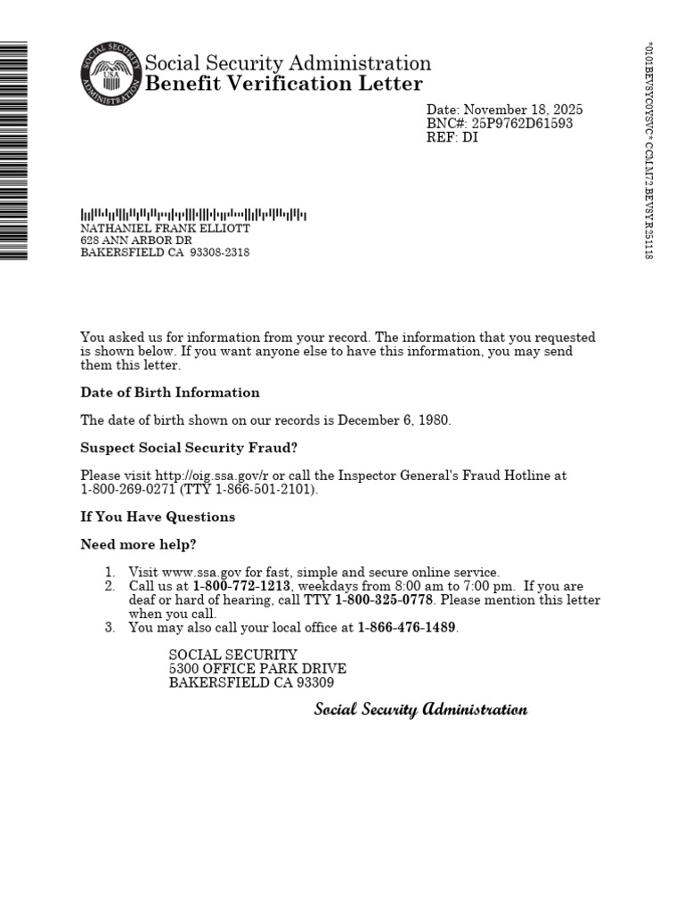 Social Security Benefit Verification Letter | PDF