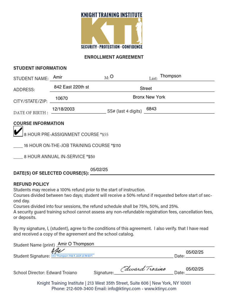 Knight Training Institute Enrollment Agreement | PDF