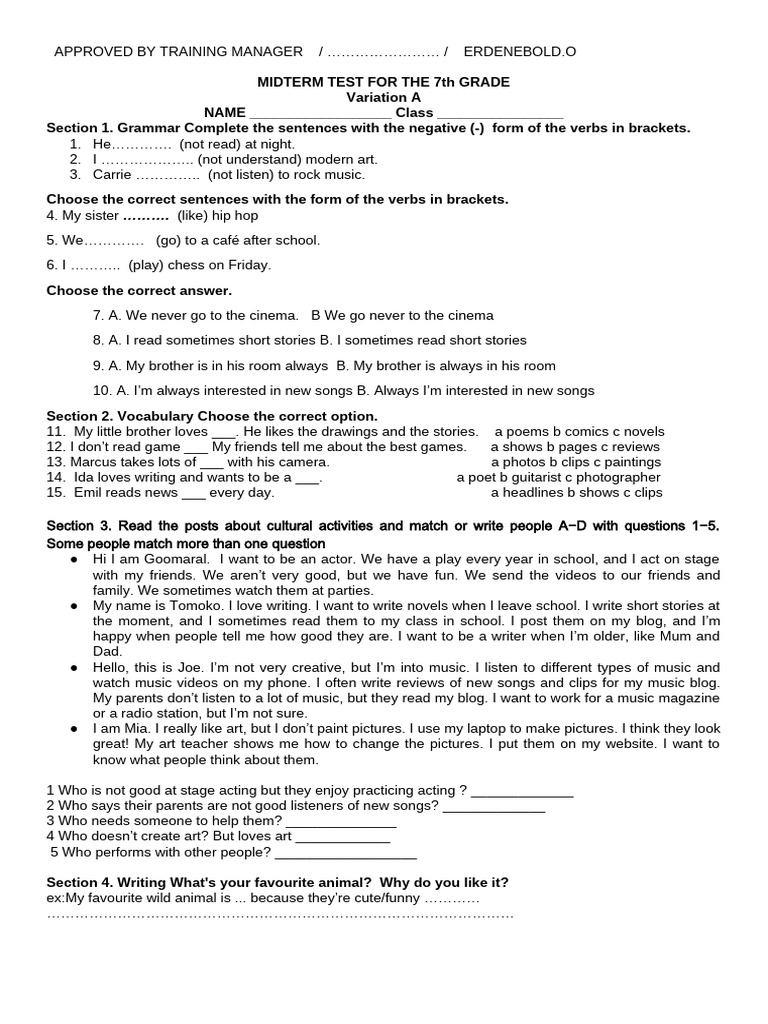 7th Grade Midterm English Test | PDF