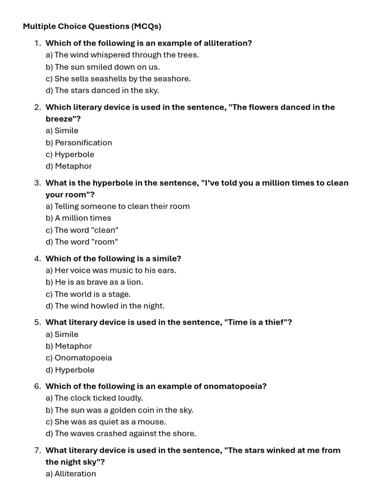 Multiple Choice Questions Literary Devices | PDF | Metaphor