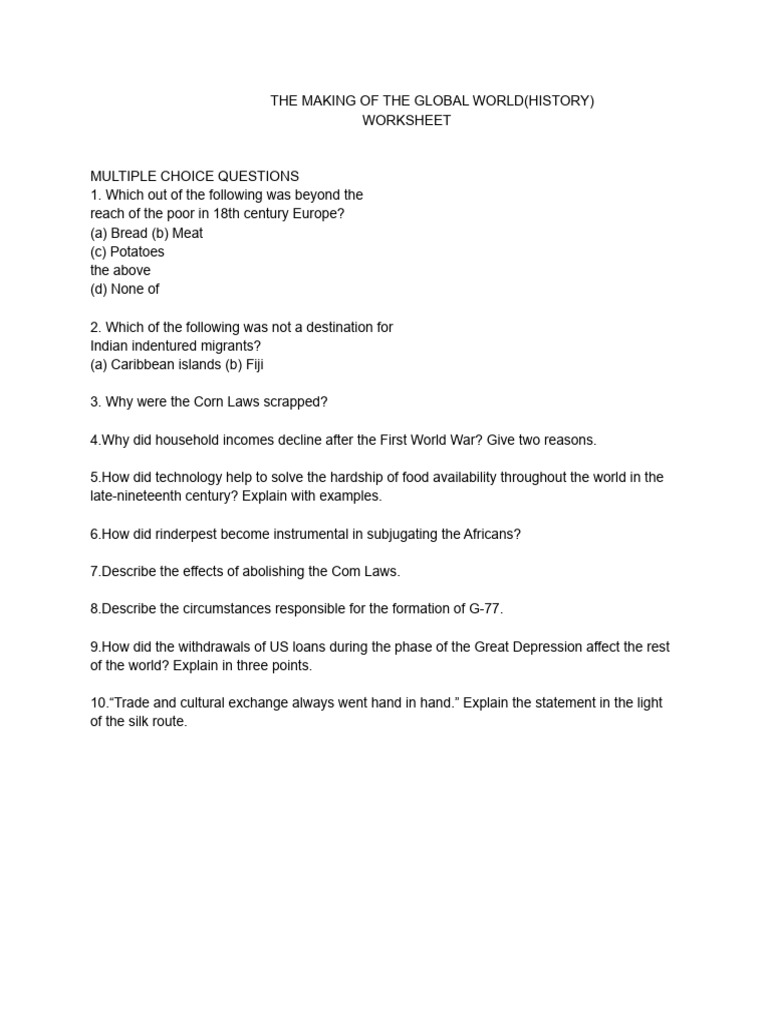 Global History Worksheet: MCQs & Insights | PDF