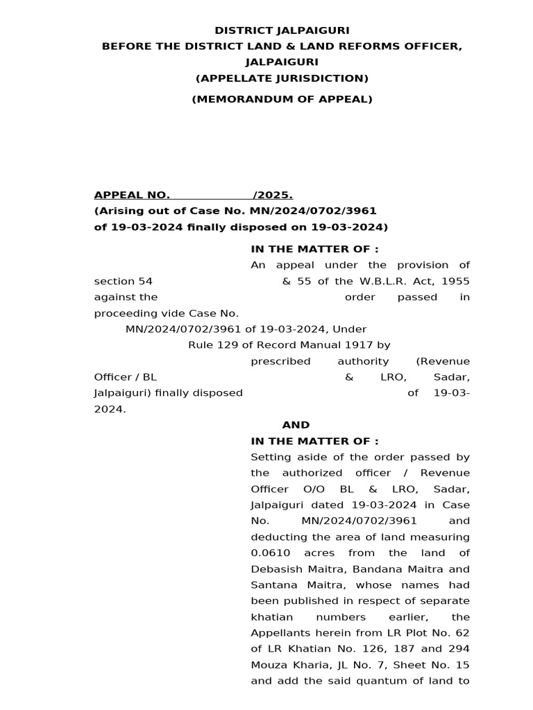 Jalpaiguri Land Appeal Case 2025 | PDF | Appeal | Affidavit