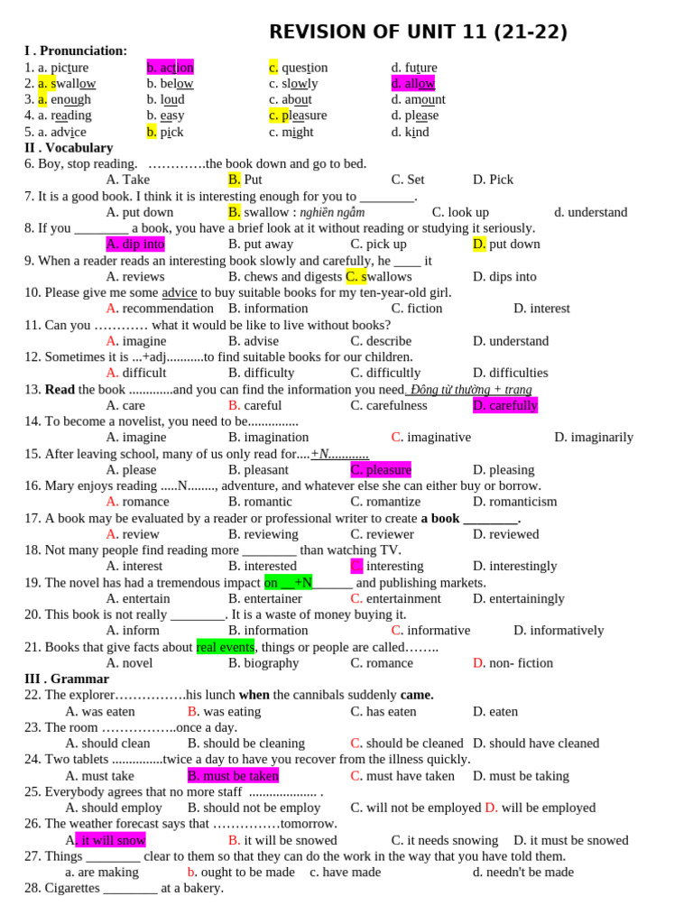 Unit 11 Revision: Pronunciation, Vocabulary, Grammar | PDF