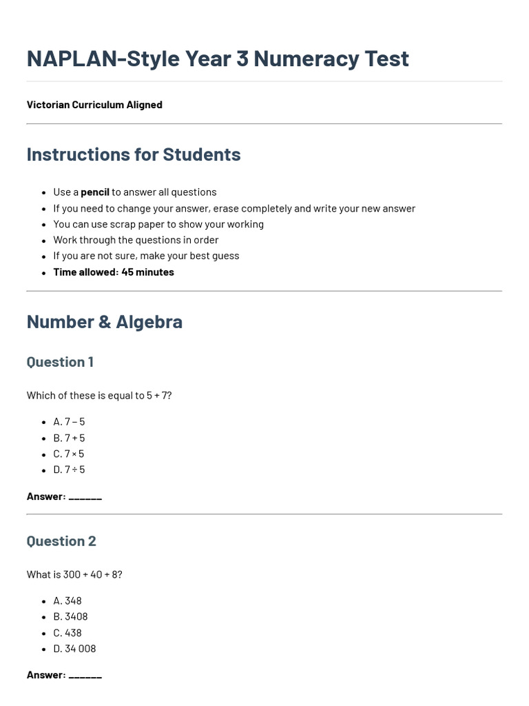 Year 3 NAPLAN Numeracy Test Guide | PDF | Litre | Geometry