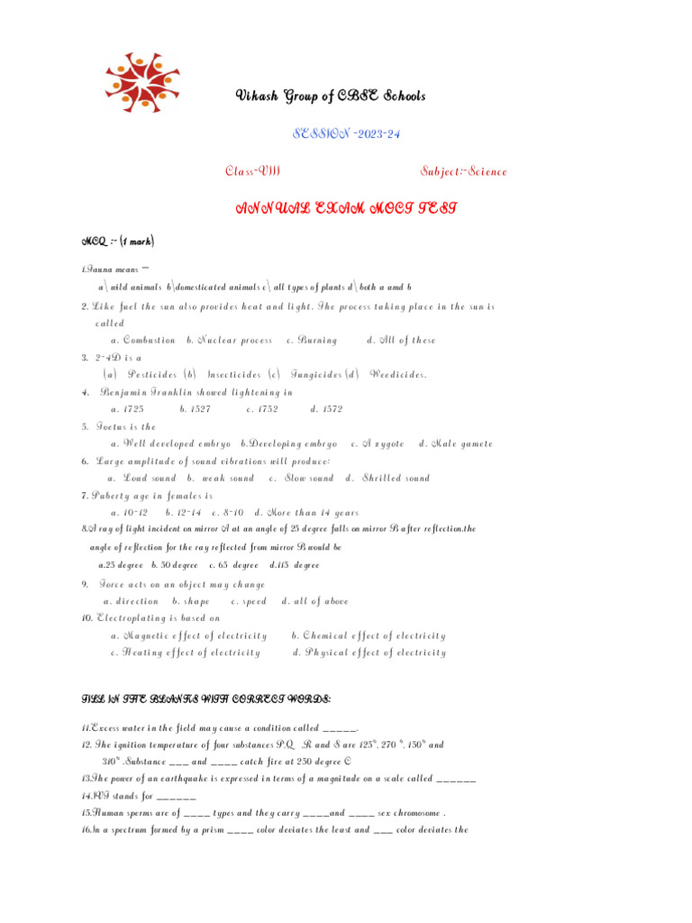 Class 8 Science Annual Exam MCQs & Questions | PDF | Fertilisation | Sound