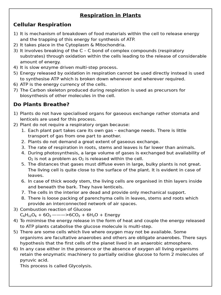 Respiration in Plants | PDF | Glycolysis | Cellular Respiration