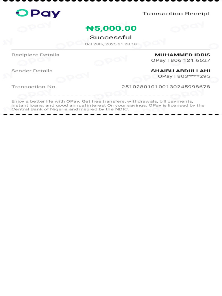OPay Transaction Receipt - ₦5,000 Successful | PDF