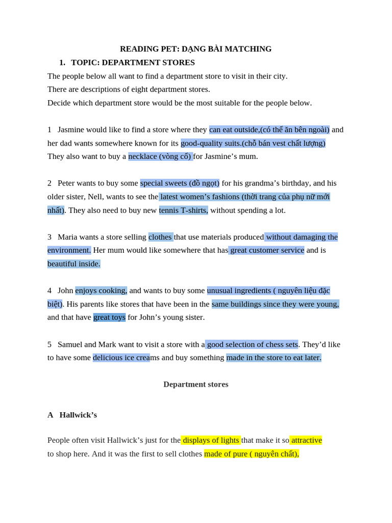 Reading Pet_ Matching - Department Stores | PDF | Desserts | Cuisine