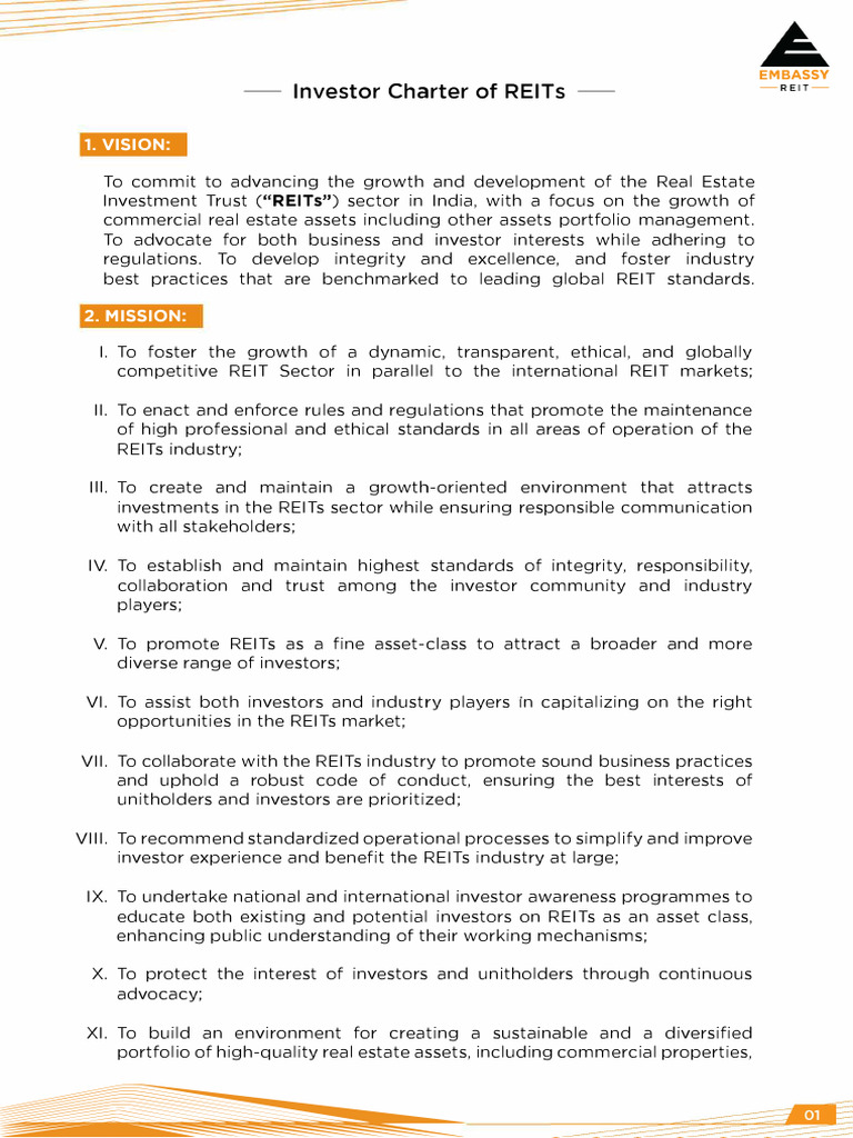 Investor Charter - Embassy Reit Final | PDF | Real Estate Investment ...