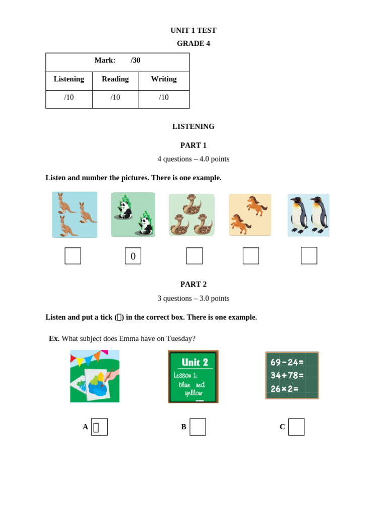 Grade 4 Unit 1 Test: Listening & Reading | PDF | Zoology