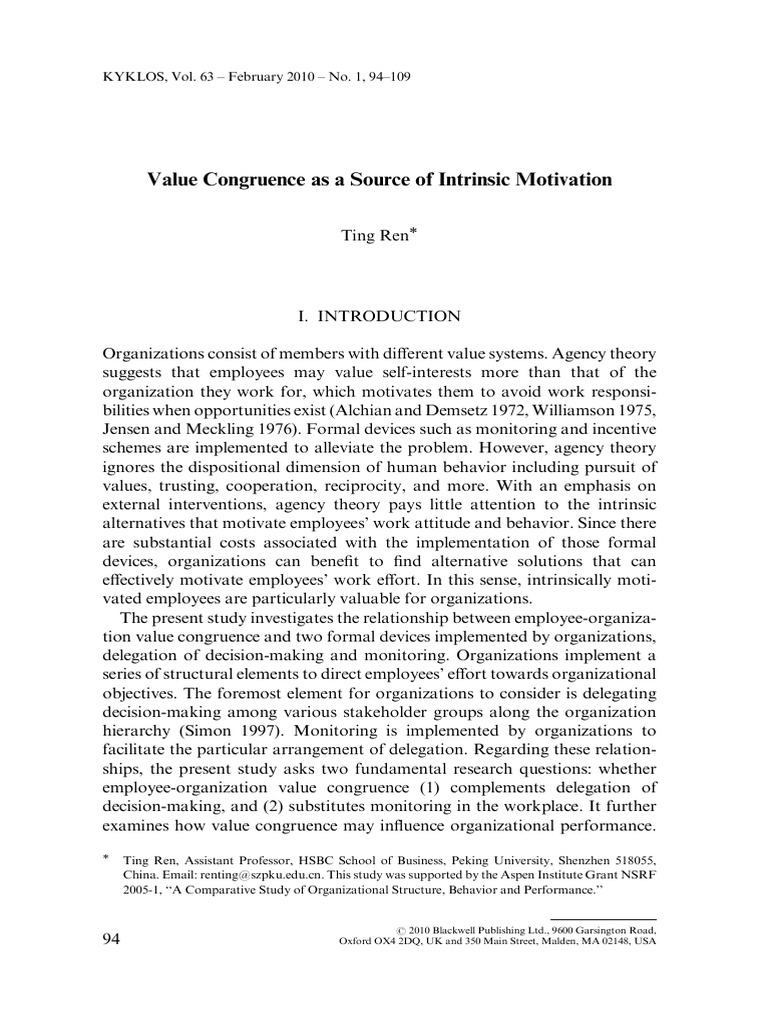 Kyklos - 2010 - Ren - Value Congruence As A Source of Intrinsic ...