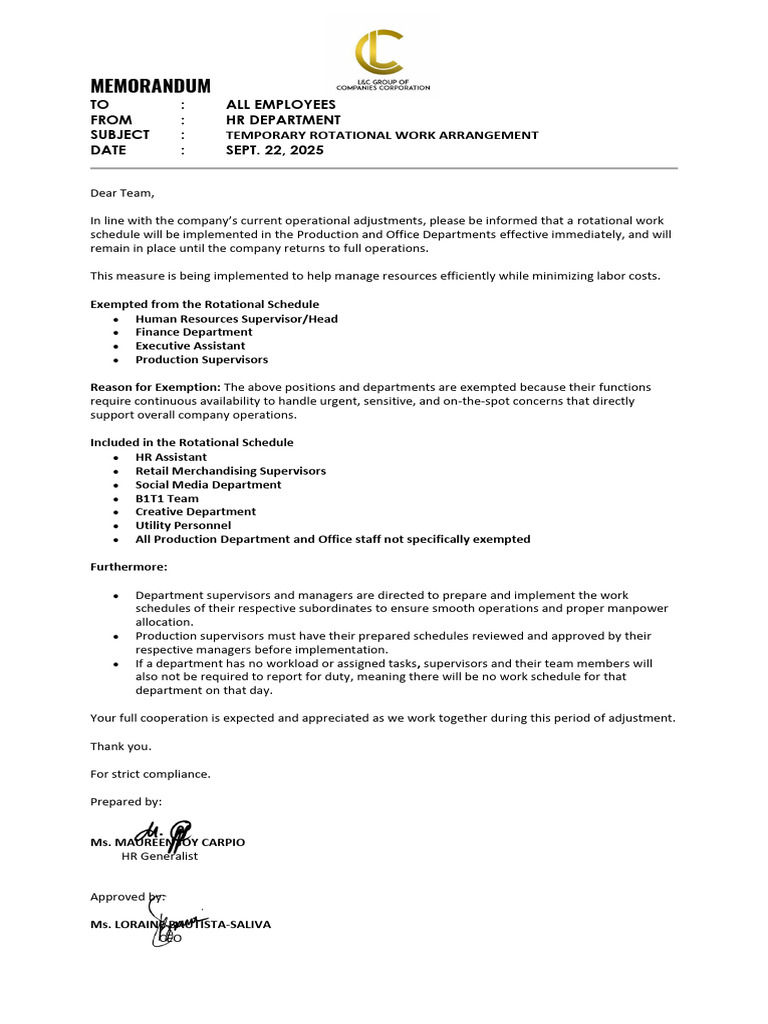 Memo for Temporary Rotational Work Arrangement | PDF