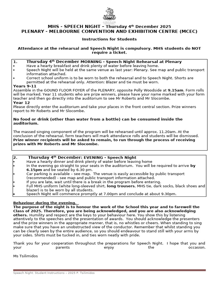 MHS Speech Night Instructions 2025 | PDF