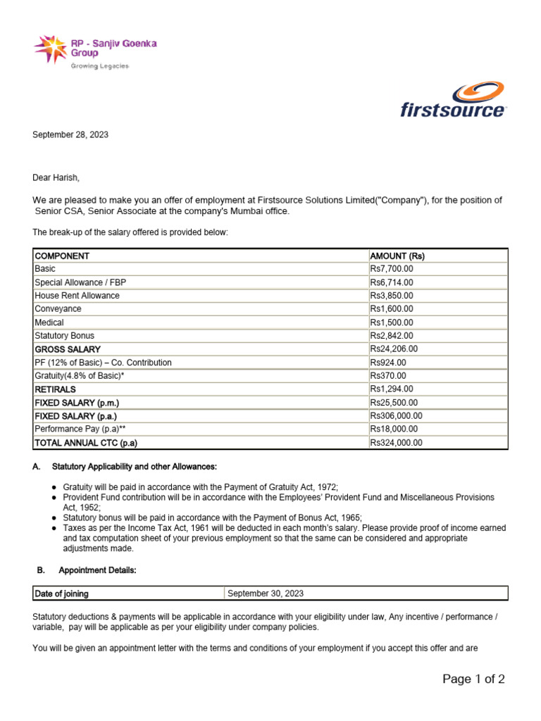 Firstsource Solutions Job Offer Details | PDF | Salary | Taxes