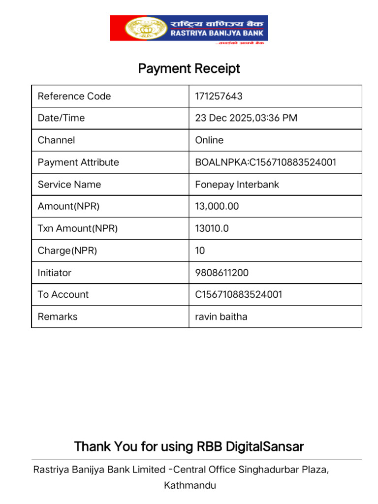 Fonepay Payment Receipt - RBB Digital | PDF