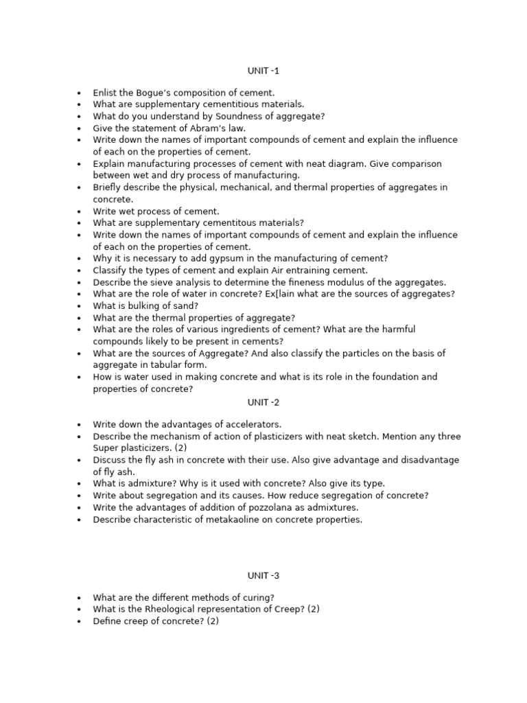 Unitwise Previous Questions | PDF | Concrete | Materials Science