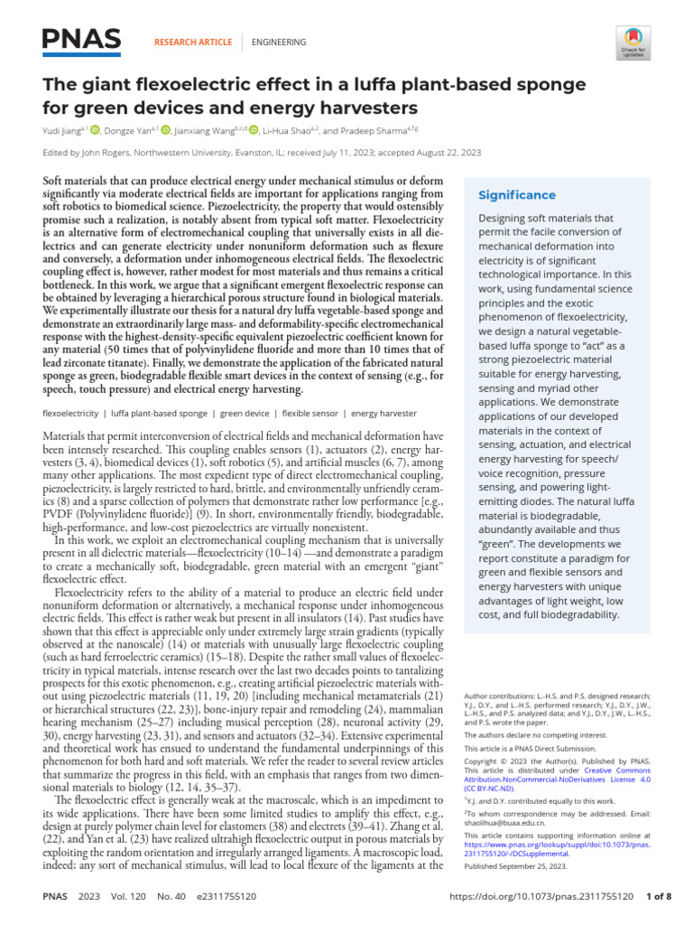 Jiang Et Al 2023 the Giant Flexoelectric Effect in a Luffa Plant Based ...
