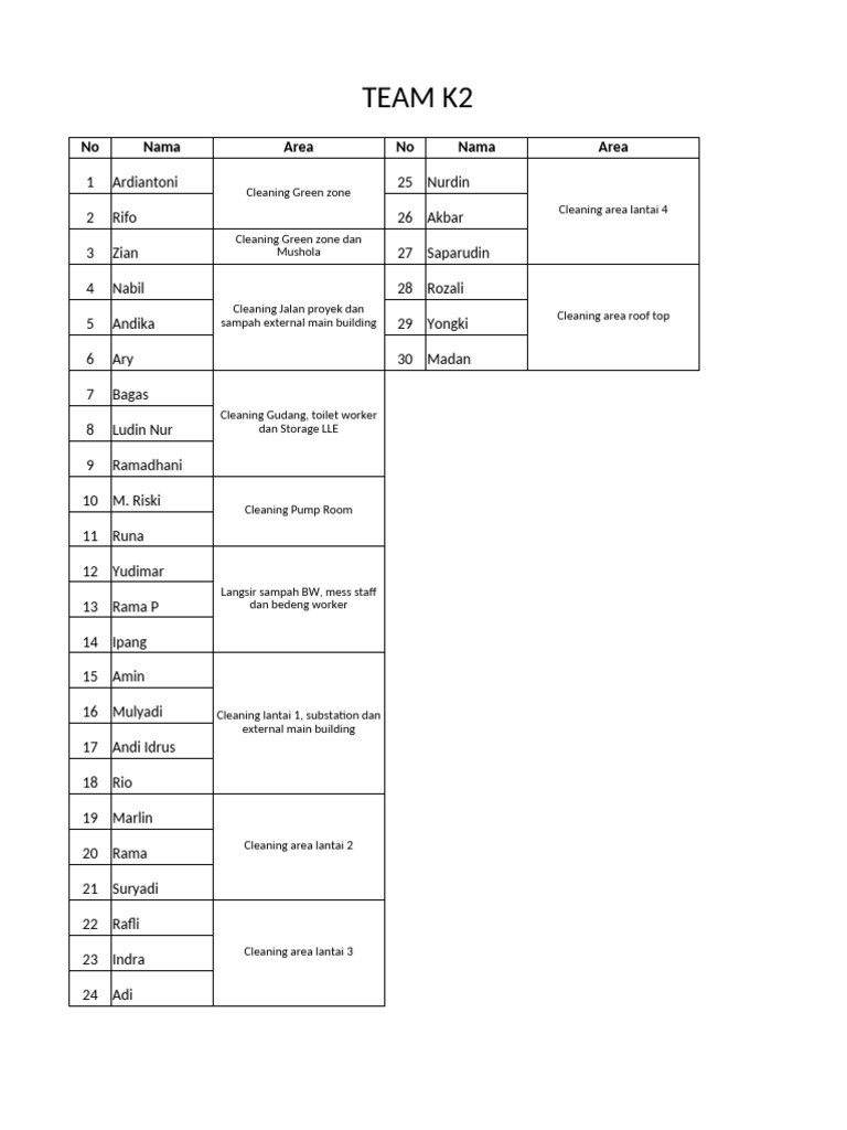 Team K2 Cleaning and Support Roles | PDF