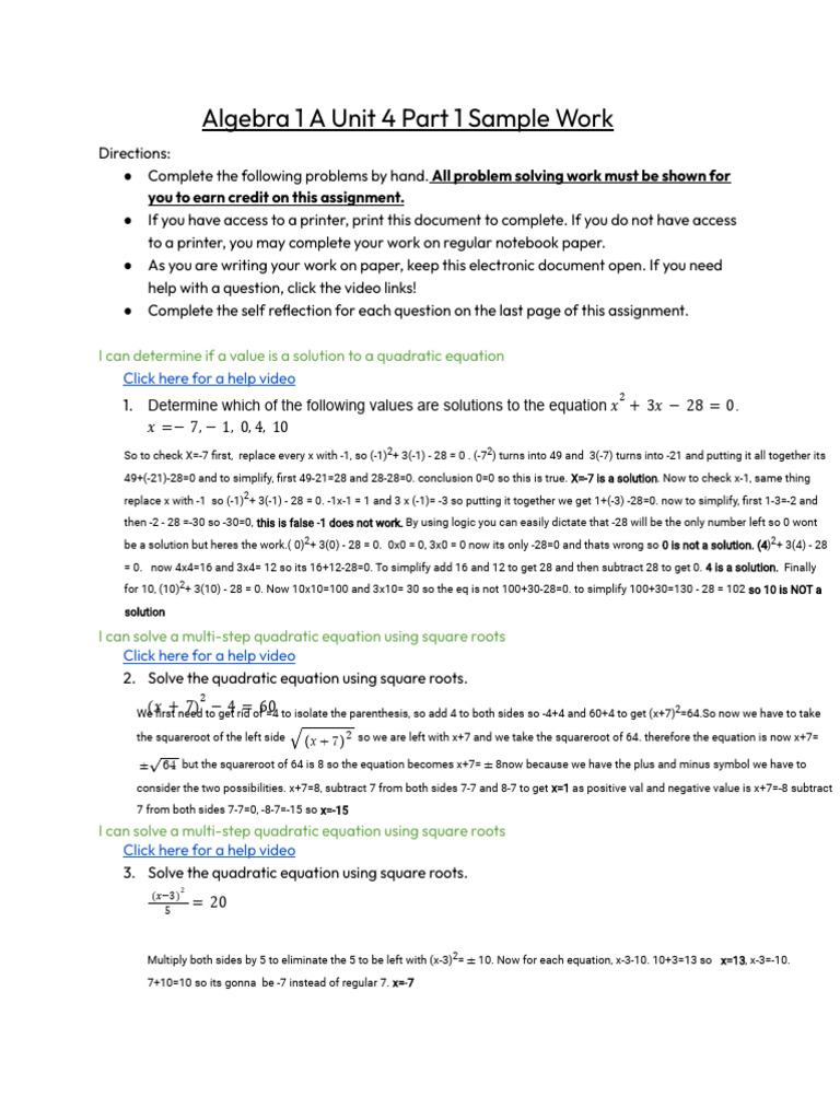 Kami Export - JustProwill - A1A Unit 4 Part 1 Sample Work | PDF | Quadratic Equation | Square Root